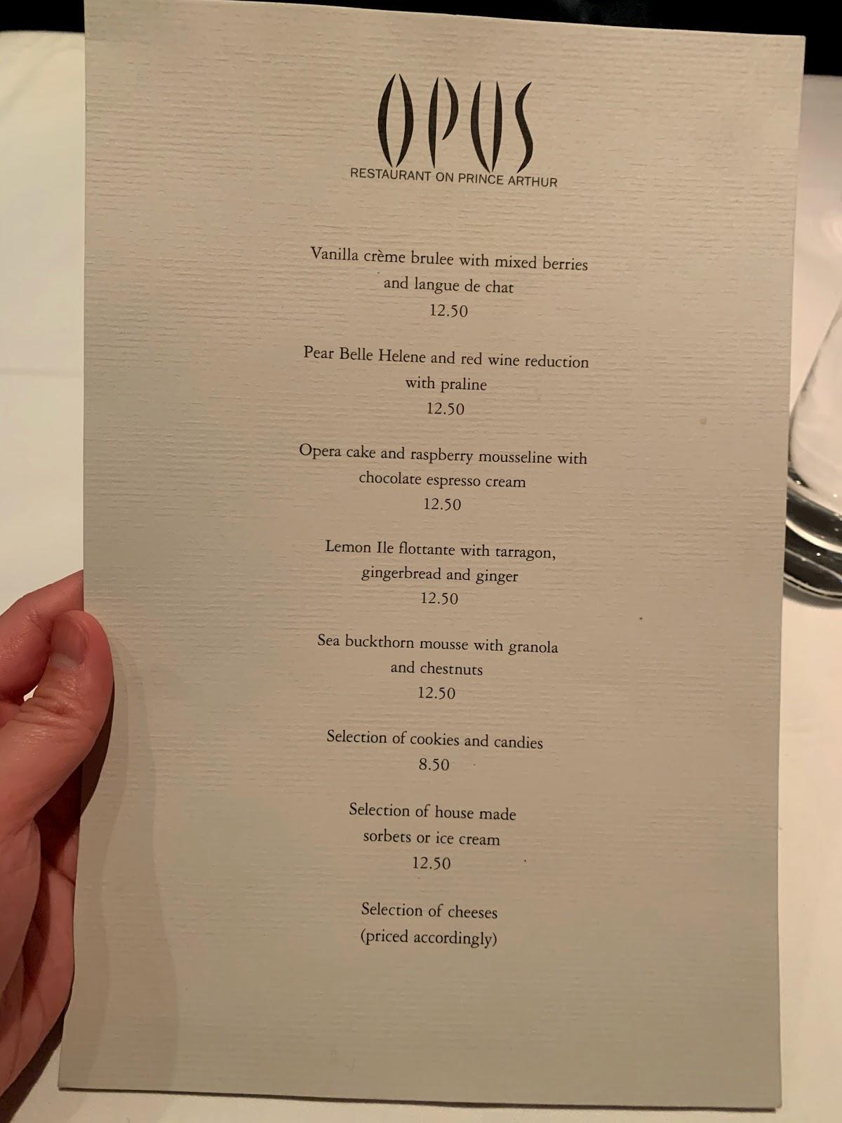 Menu at Opus Restaurant, Toronto