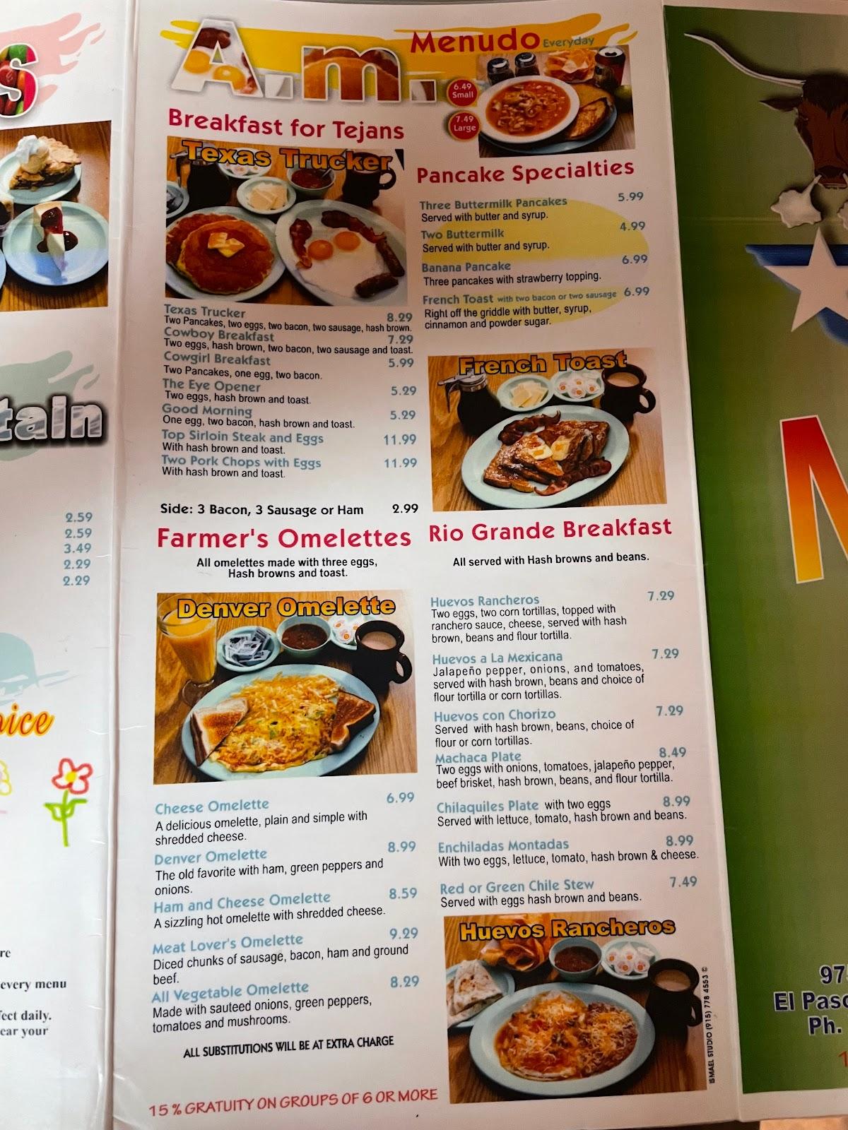 Menu at Tejas Cafe, El Paso, Dyer St