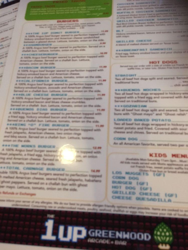 Menu at The 1up Arcade Bar - Greenwood Village, Greenwood Village, S ...