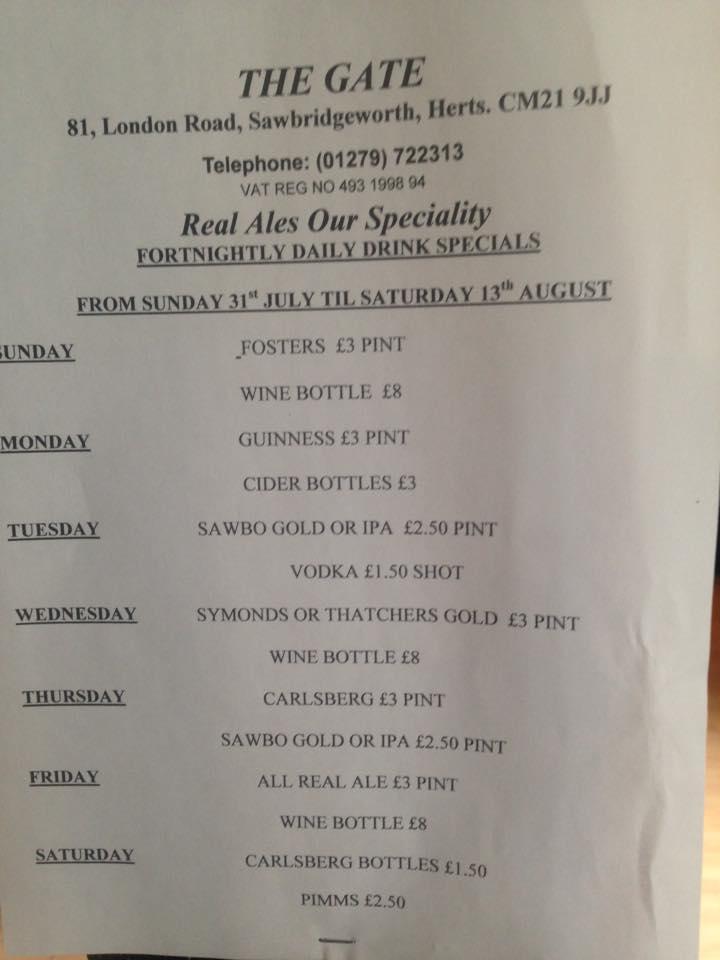 Menu at The Gate pub & bar, Sawbridgeworth