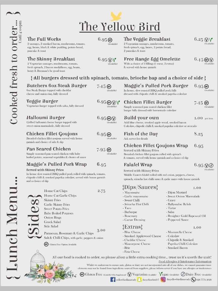 Menu at The Yellow Bird cafe, Limavady