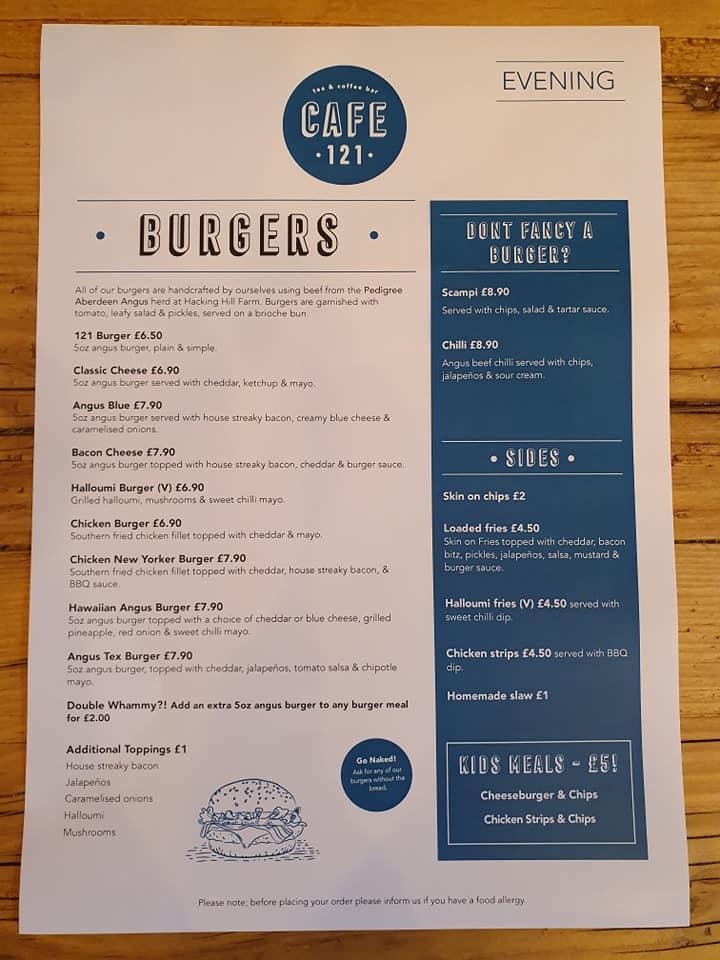 Menu at Cafe 121, Penistone