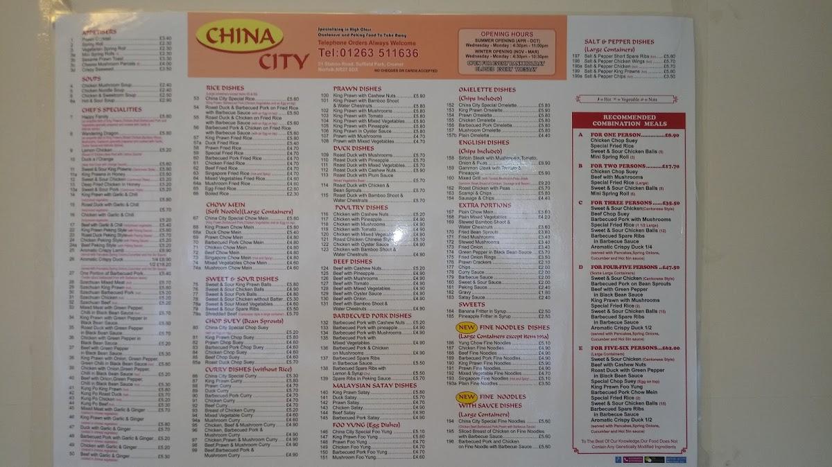 Menu at China City fast food, Cromer