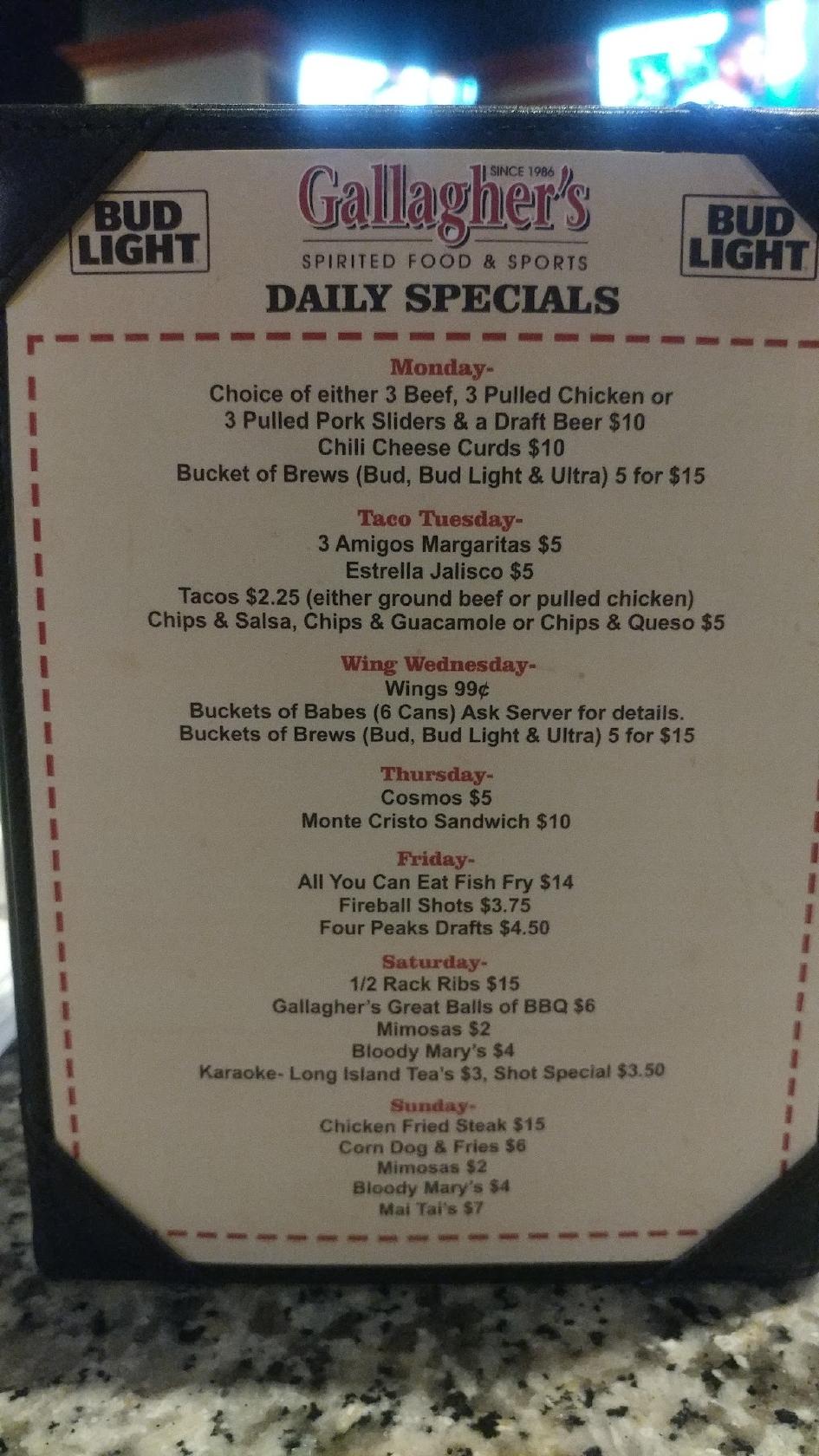 Menu at Gallagher's Sports Grill pub & bar, Phoenix, N 16th St