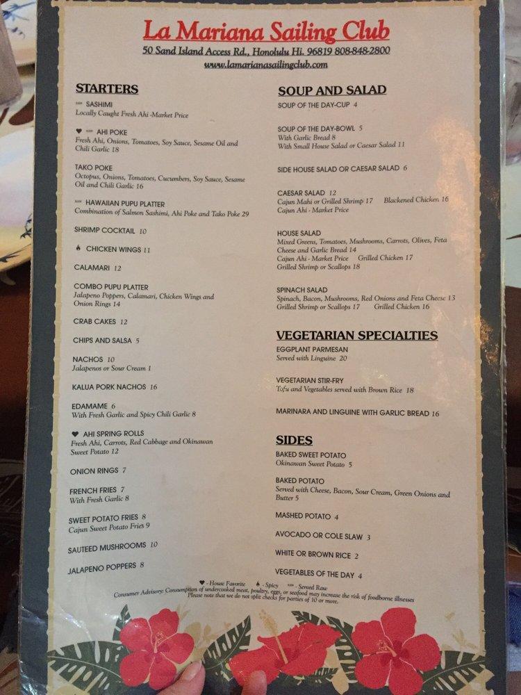 Menu at La Mariana Sailing Club, Honolulu, 50 Sand Island Access Rd