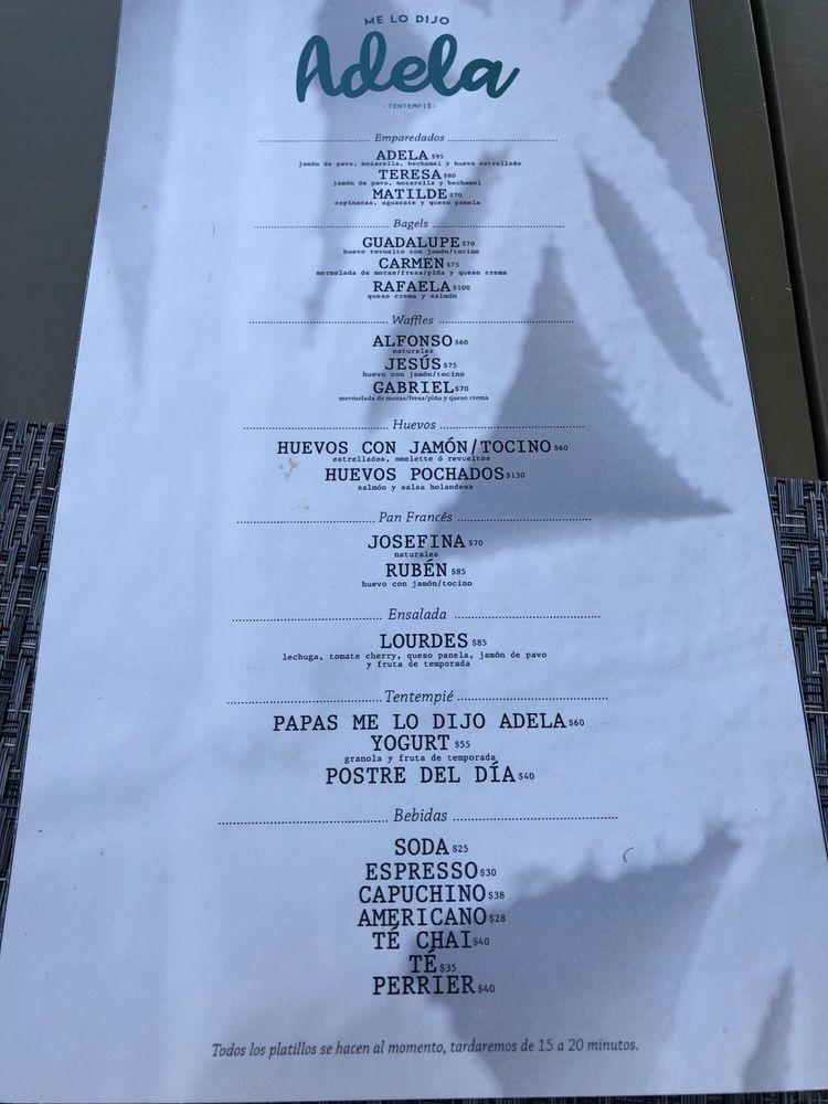 Menu at Me lo dijo Adela restaurant, Aguascalientes