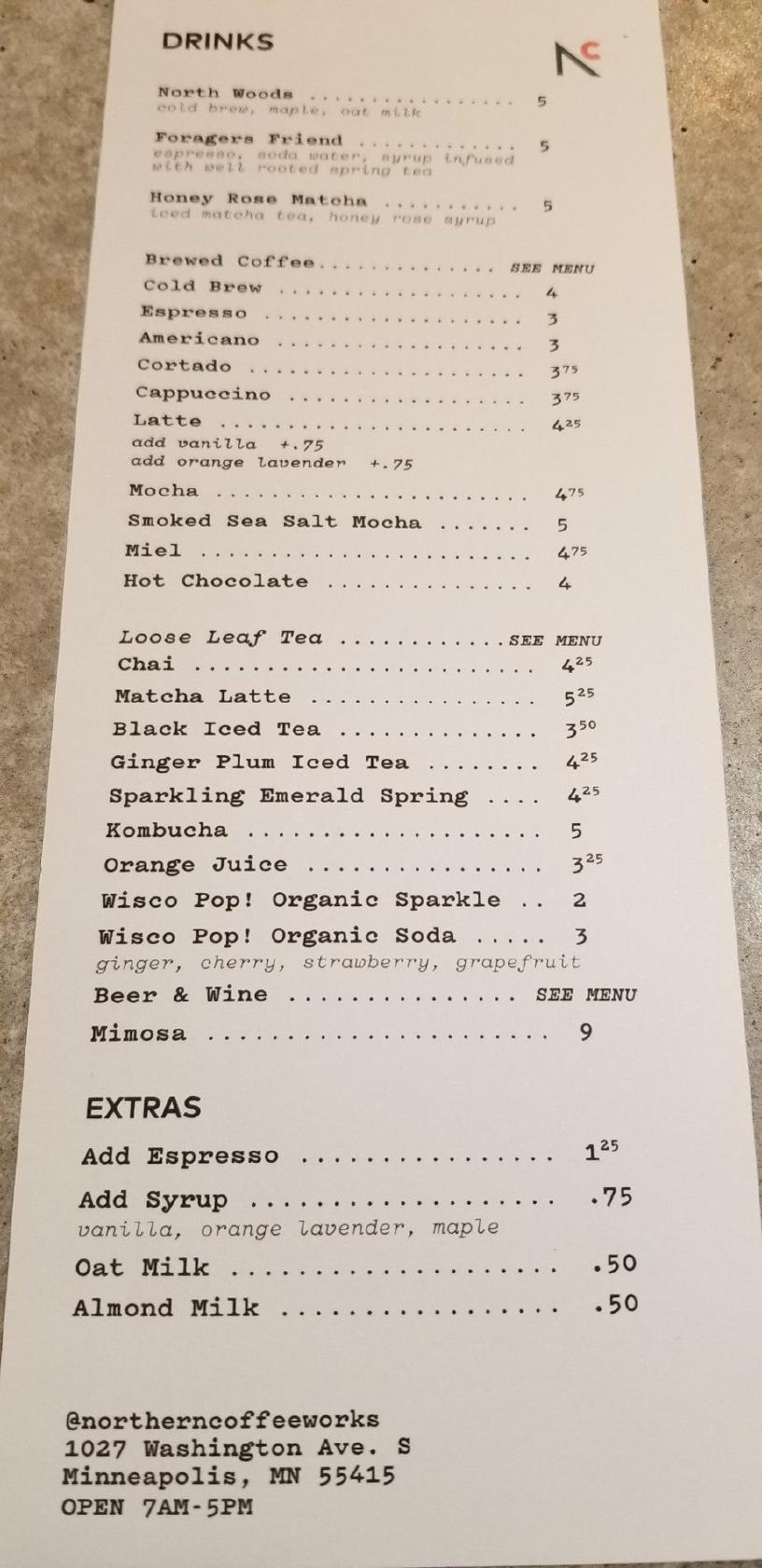 Menu at Northern Coffeeworks restaurant, Minneapolis, Washington Ave S
