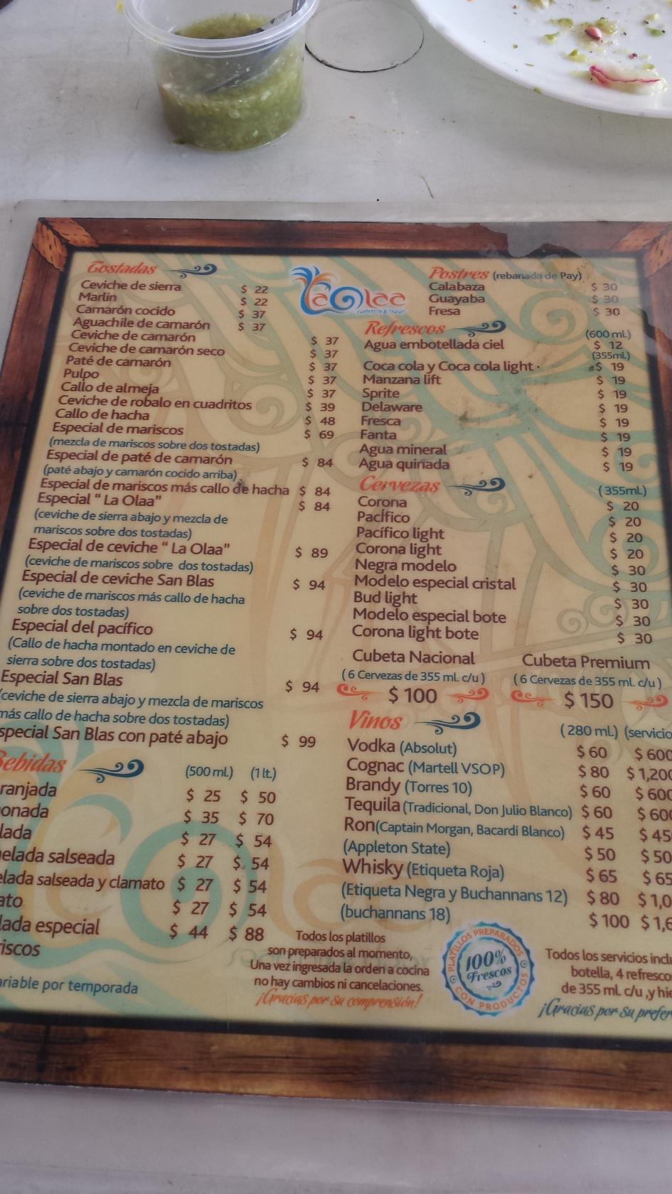 Carta de Restaurante La Ola, Tepic, Av del Valle 161