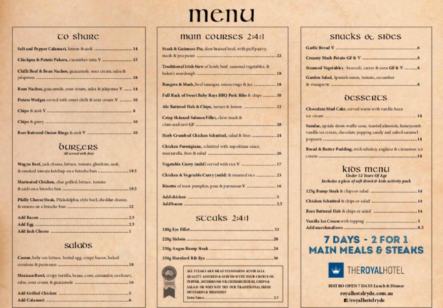 Menu at Royal Hotel Ryde pub & bar, Ryde
