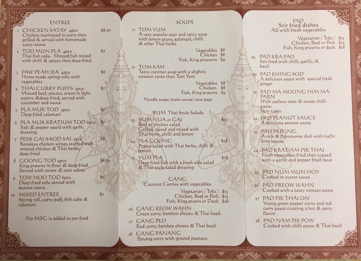 Menu at Thai Tarni Restaurant, Taree