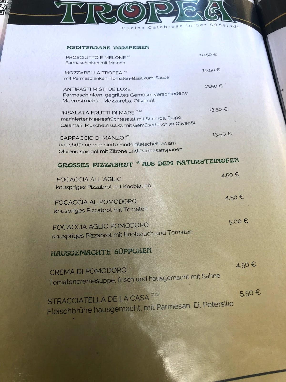 Speisekarte von Tropea pizza, Karlsruhe