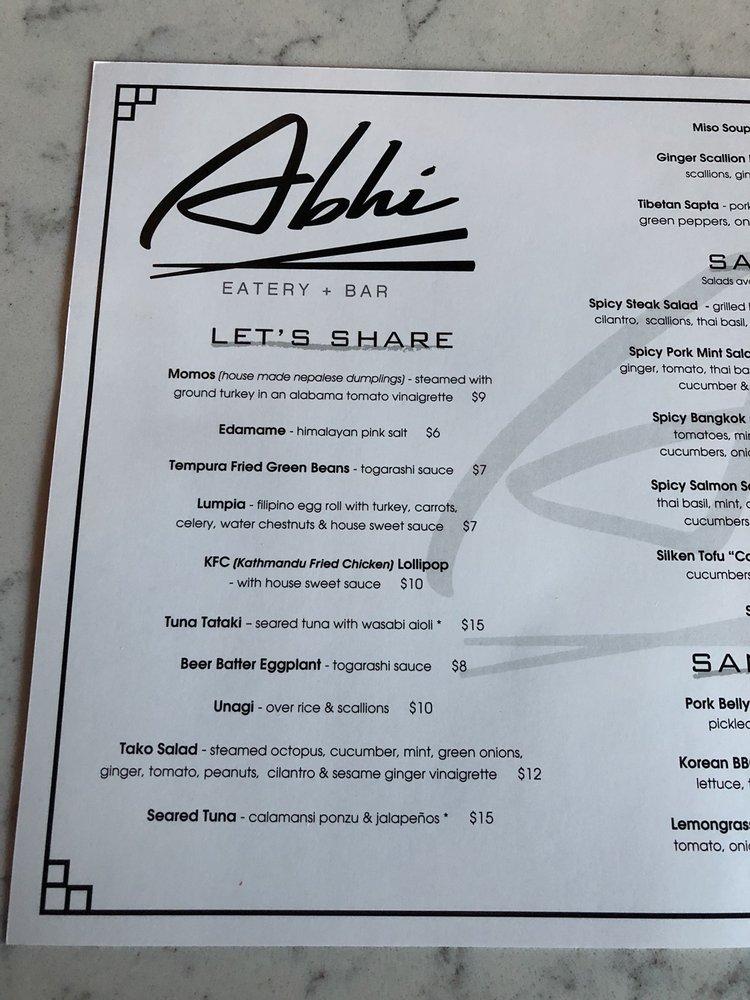 Menu at Abhi restaurant, Birmingham