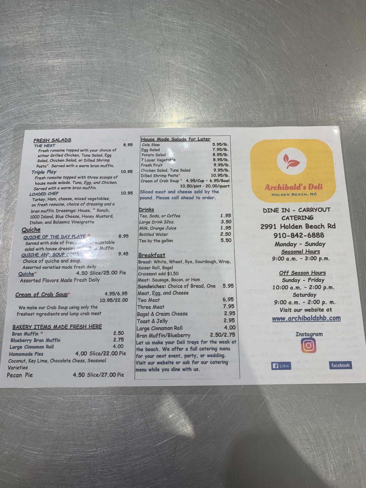 Menu at Archibald's Deli restaurant, Holden Beach