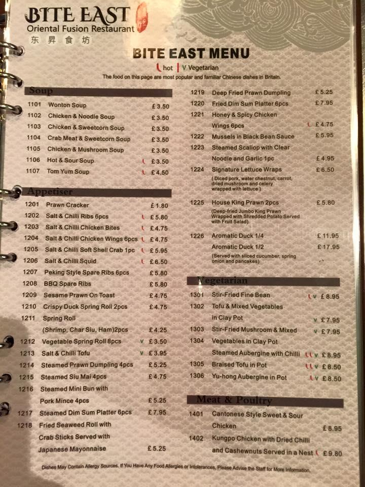 Menu at Bite East restaurant, Stirling