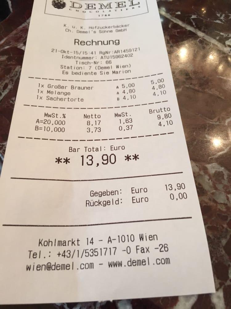 Menu at Demel cafe, Vienna, Kohlmarkt 14