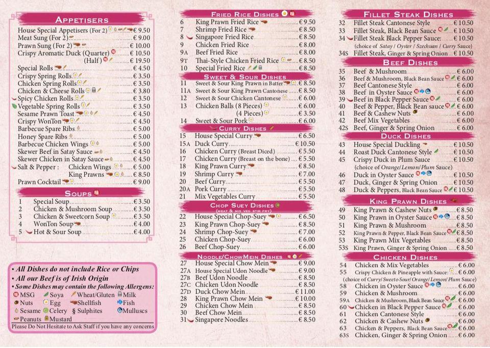 Menu at Hong Kong Chinese Restaurant, Limerick