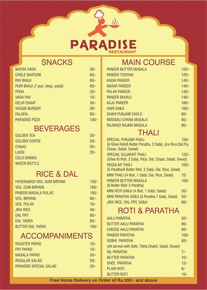 Menu at Paradise Restaurant, Vadodara, GF- 3