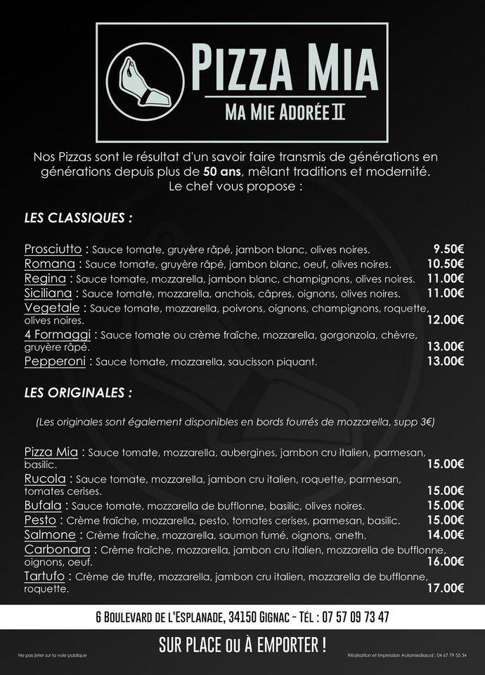 Menu at Pizza Mia restaurant, Gignac