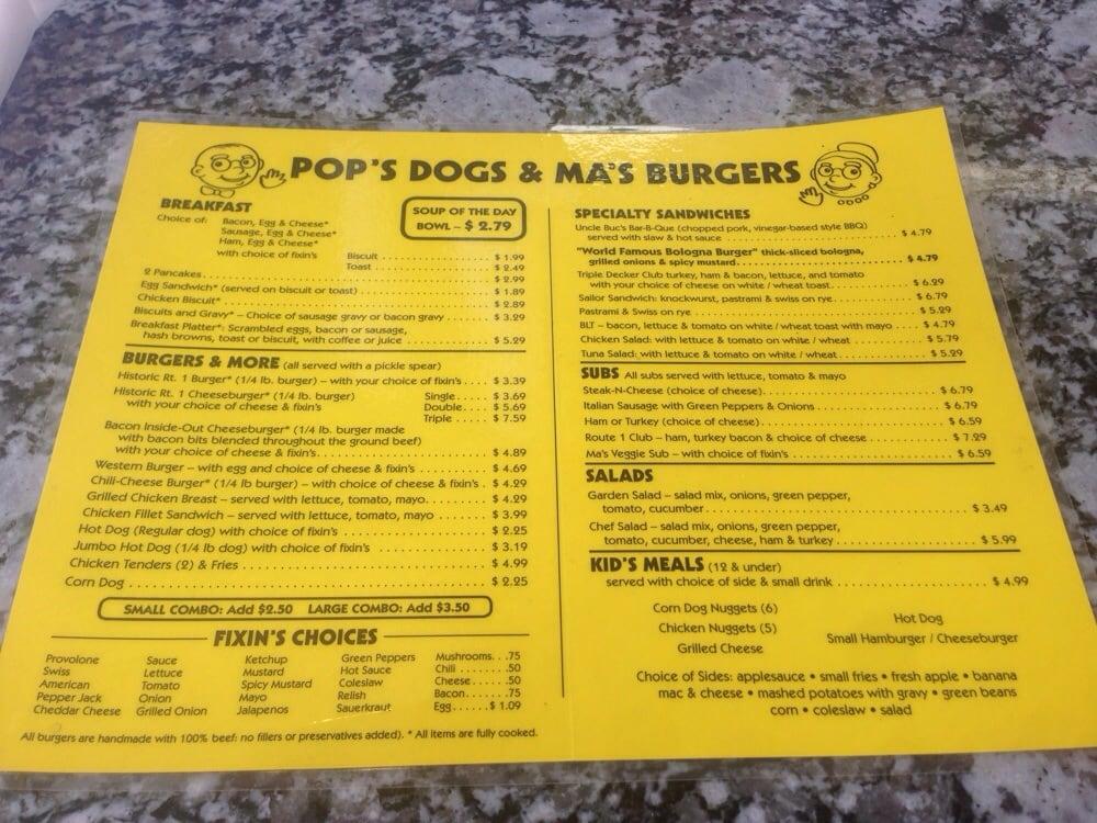 Menu at Pop's Dogs & Ma's Burgers restaurant, Richmond
