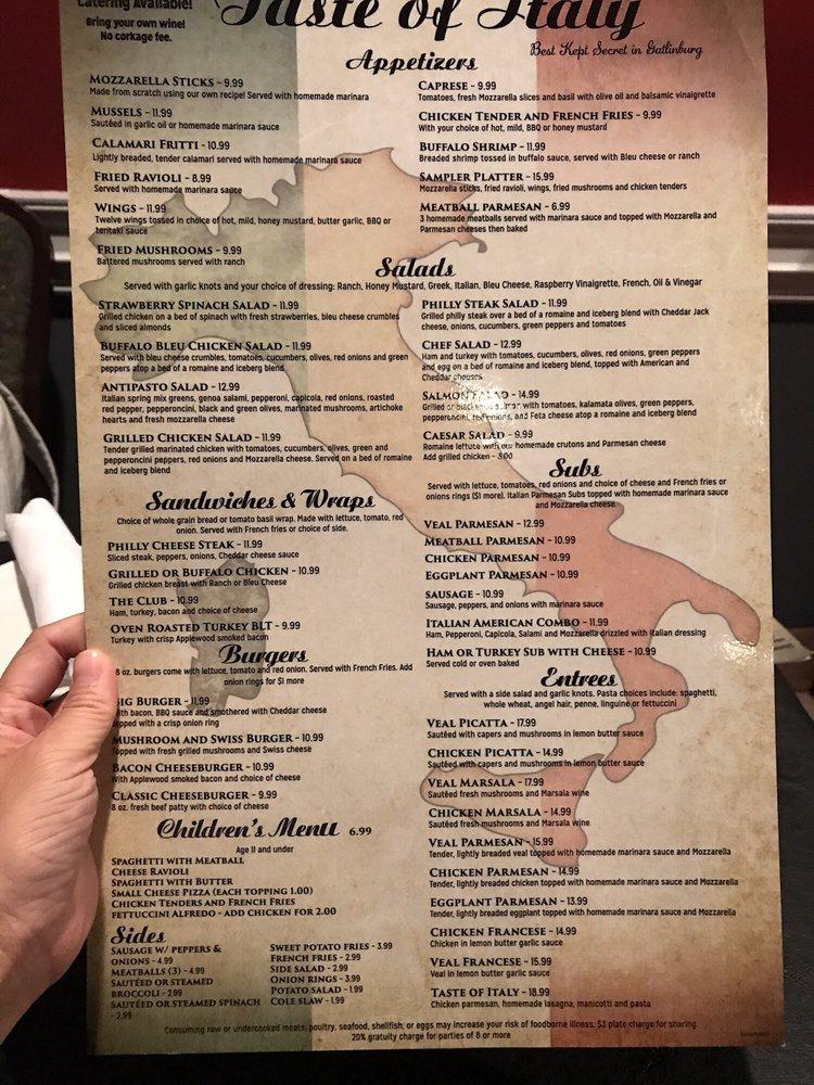 Menu at Taste of Italy restaurant, Gatlinburg