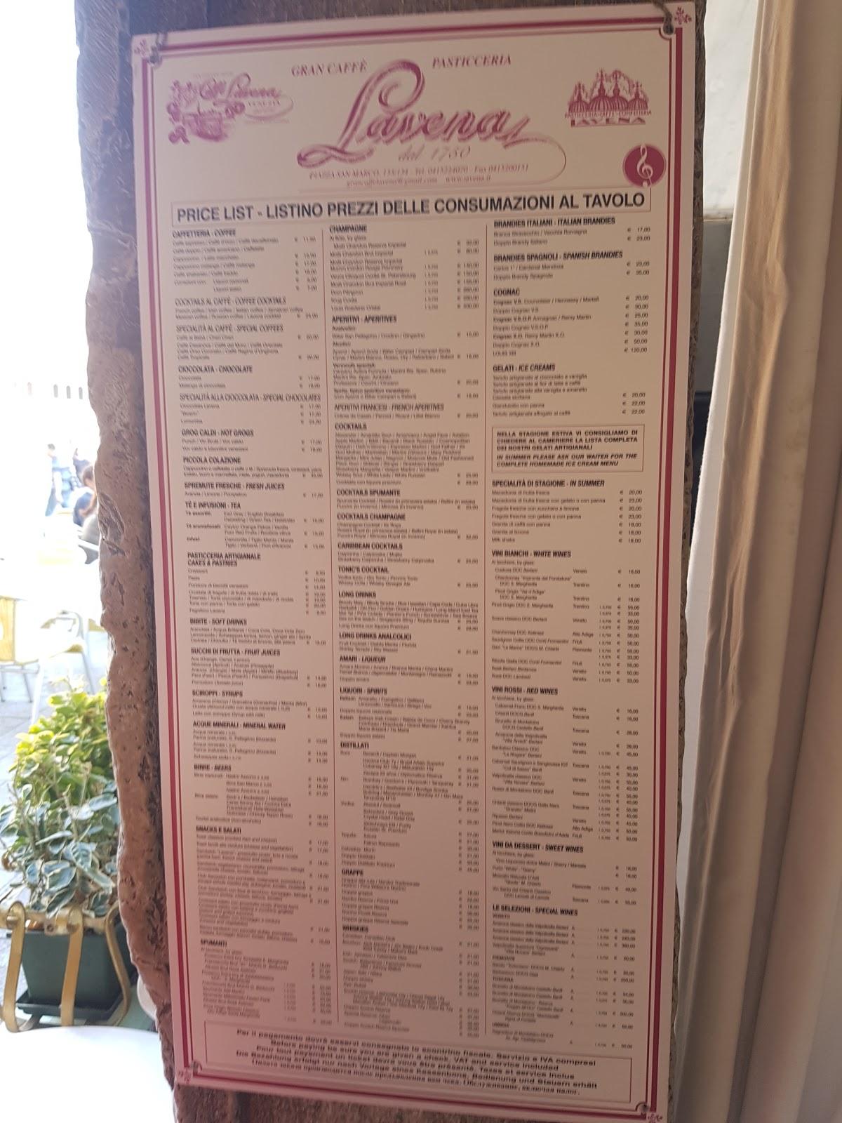Menu at Caffè Lavena cafeteria, Venice, P.za San Marco