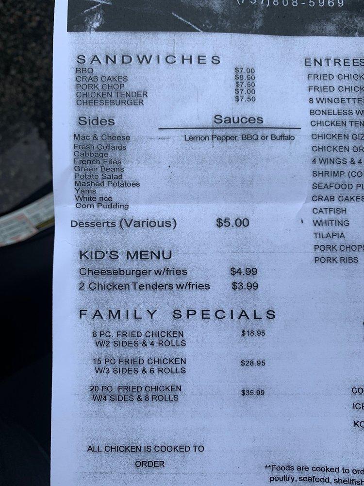 Menu at Corey's Chicken Shack restaurant, Williamsburg, Richmond Rd