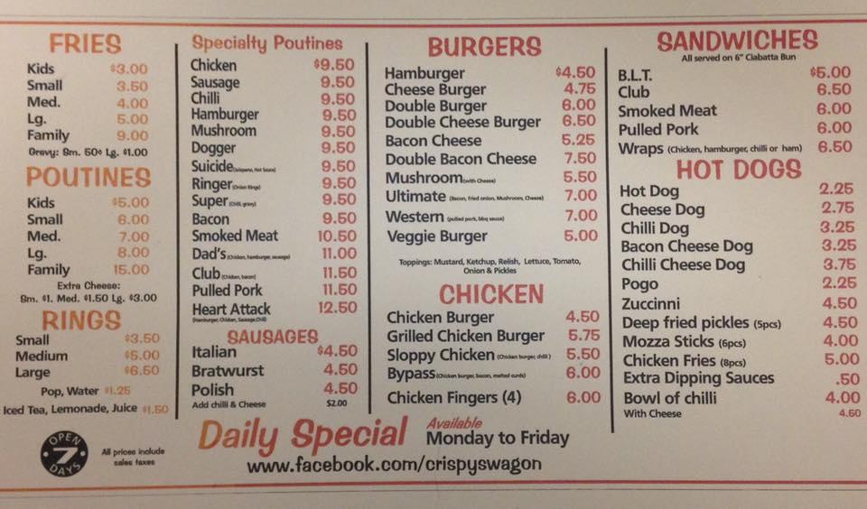 Menu at Crispy Chips fast food, Ottawa, Merivale Rd
