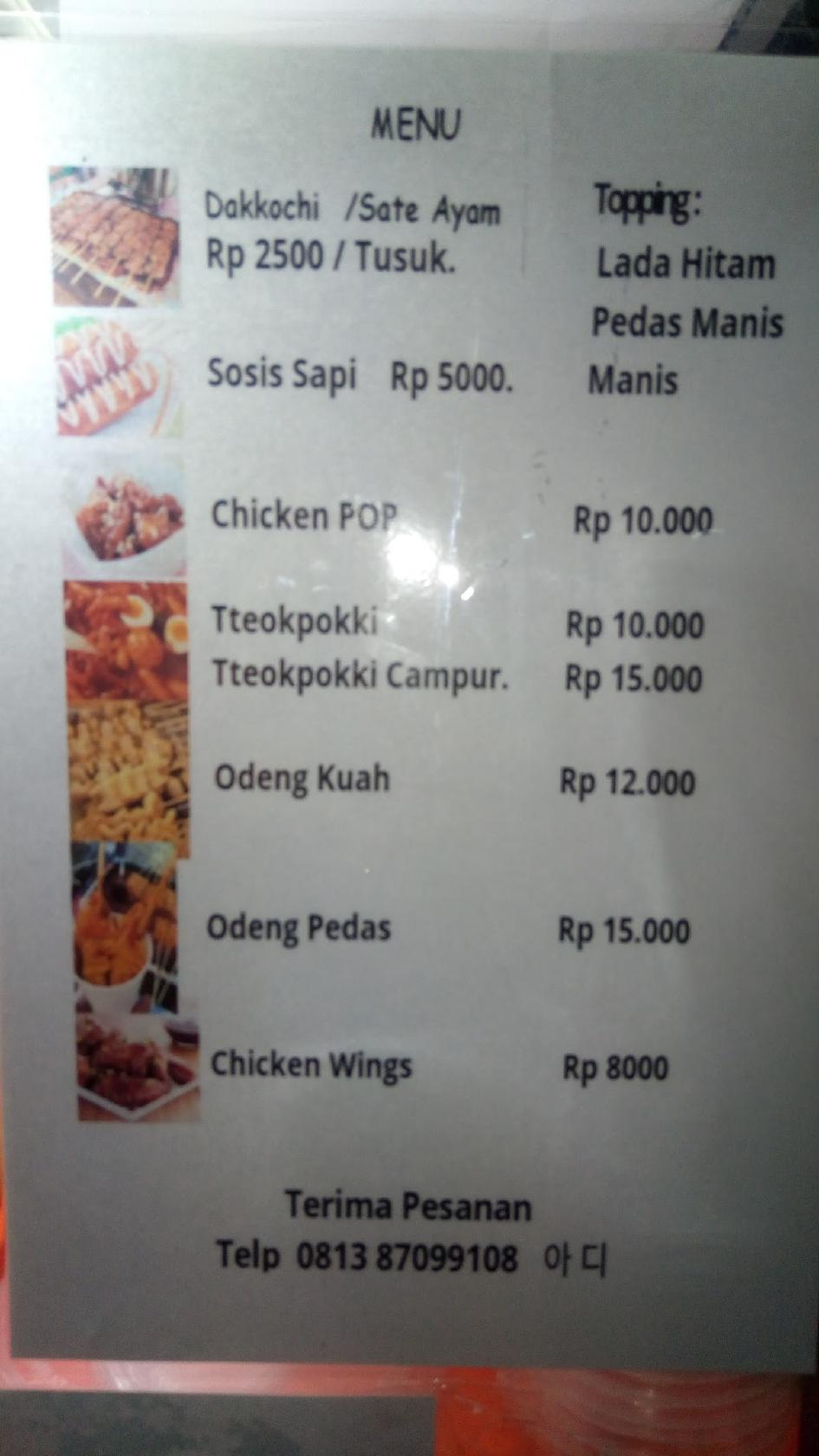 Menu at DAKKOCHI korean street food restaurant, North Jakarta