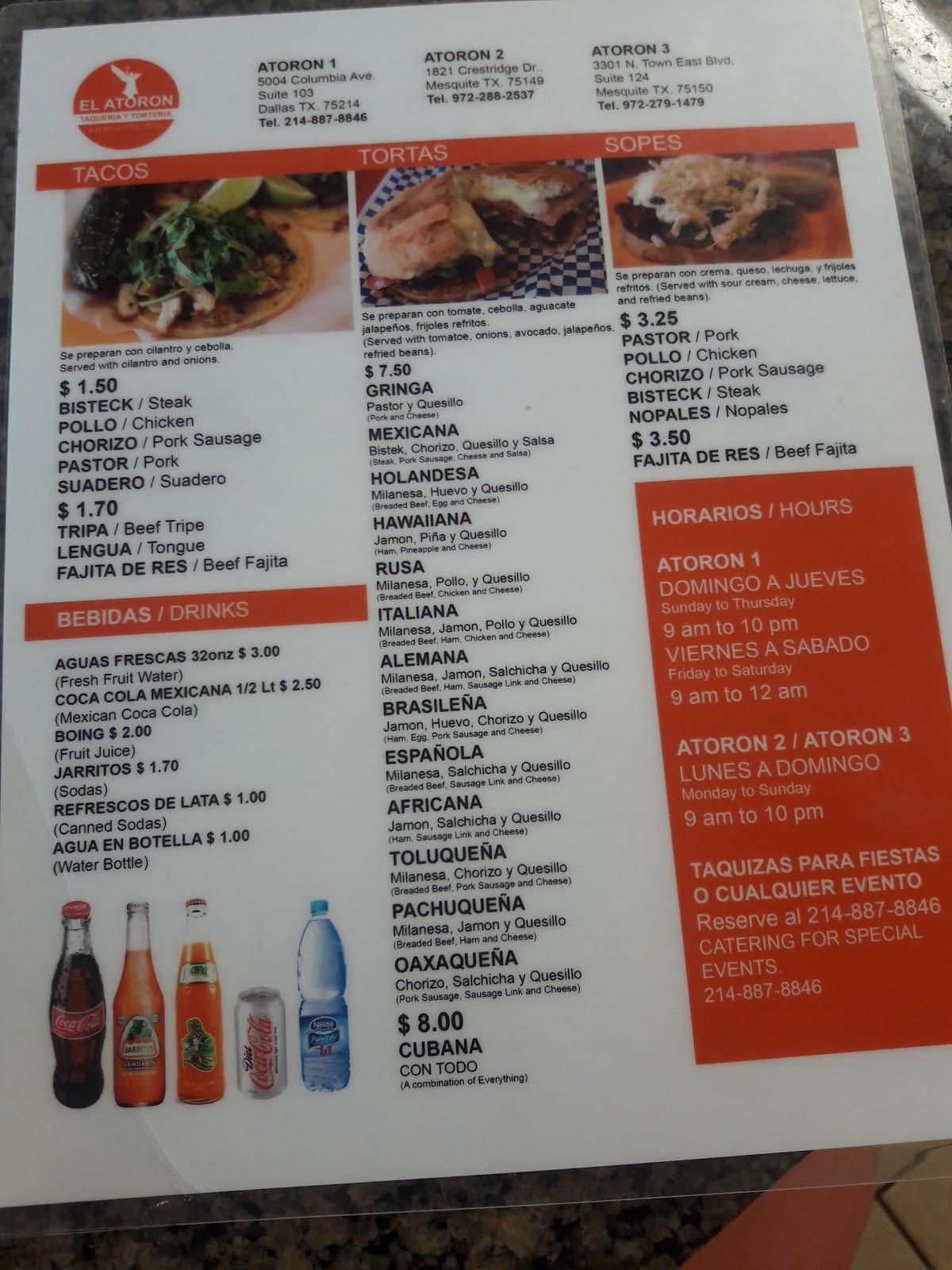 Menu at El Atoron restaurant, Mesquite, 909 Tripp Rd #170