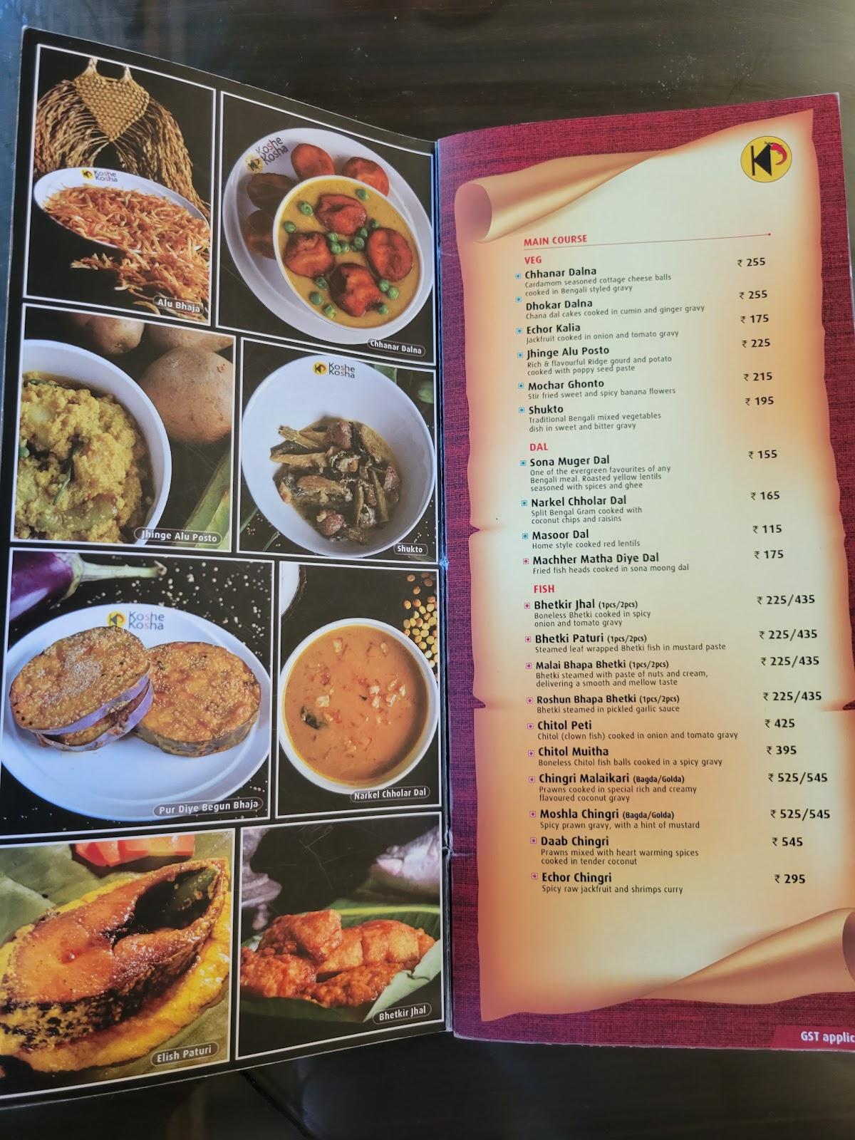 Menu at Koshe Kosha, Ripon Street, Kolkata, 1/1C