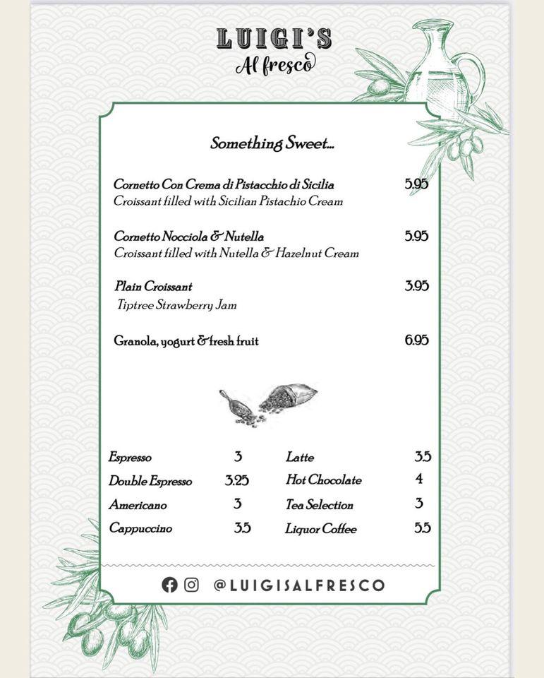 Menu at Luigis al Fresco restaurant, Maldon