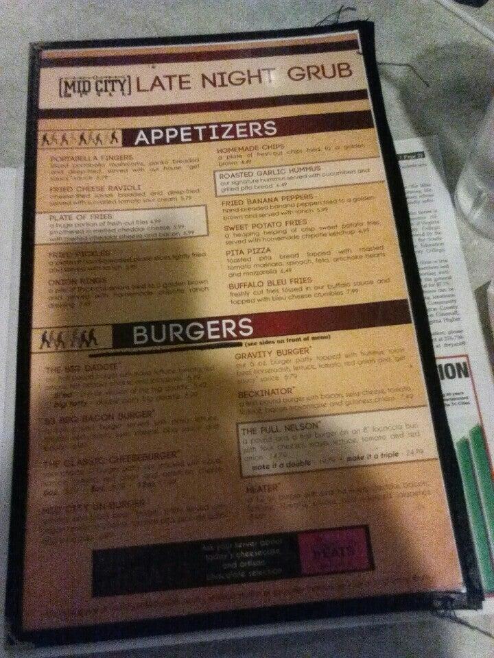 Menu at Mid City Grill restaurant, Johnson City