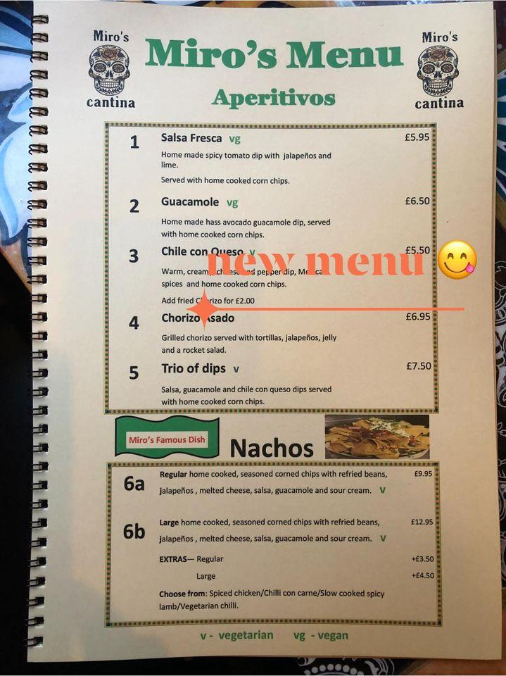 Menu at Miros Cantina Mexicana restaurant, Edinburgh
