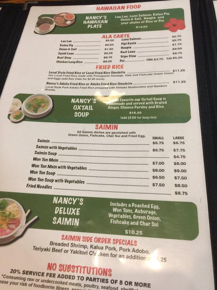 Menu at Nancy's Kitchen pub & bar, Waipahu, 94-1040 Waipio Uka St #14