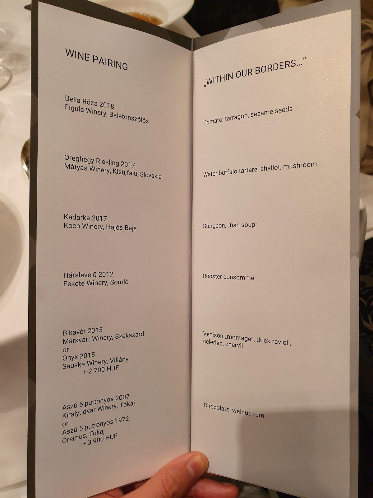 Menu at Onyx restaurant, Budapest