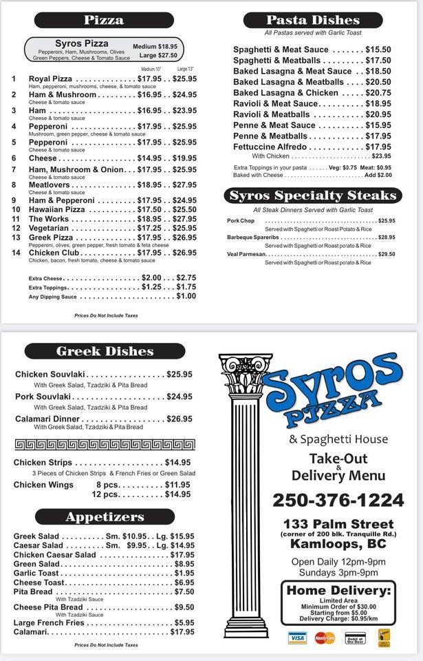Menu at Syros Pizza & Spaghetti steakhouse, Kamloops