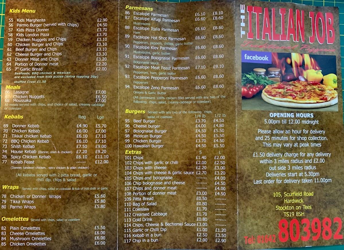 Menu at The Italian Job pizzeria, Stockton-on-Tees