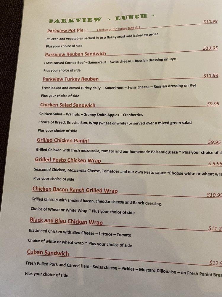 Menu at The Parkview cafe, Westfield