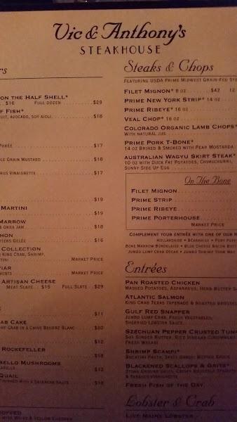 Menu at Vic & Anthony's Steakhouse, Houston