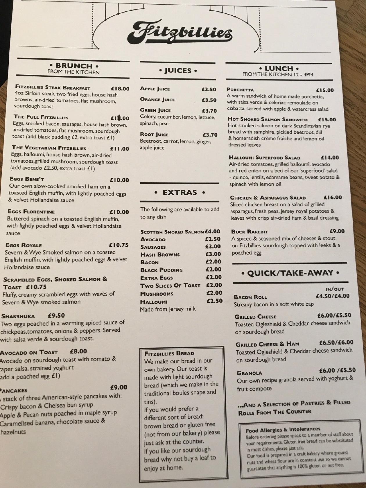 Menu at Fitzbillies cafe, Cambridge, 51-53 Trumpington St