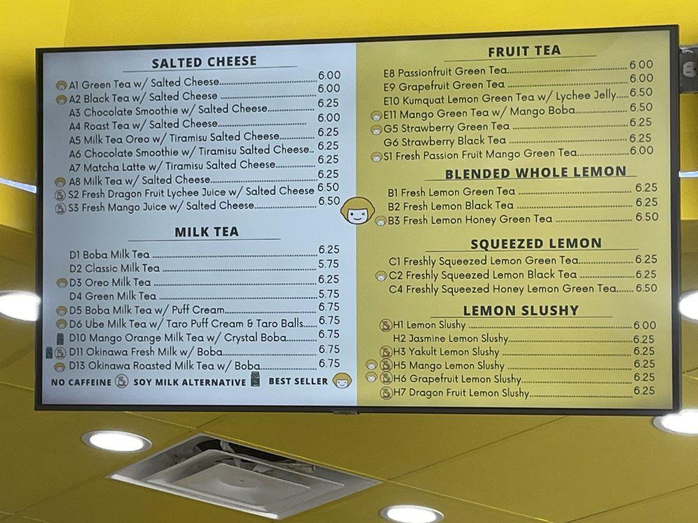 Menu at Happy Lemon cafe, Orlando