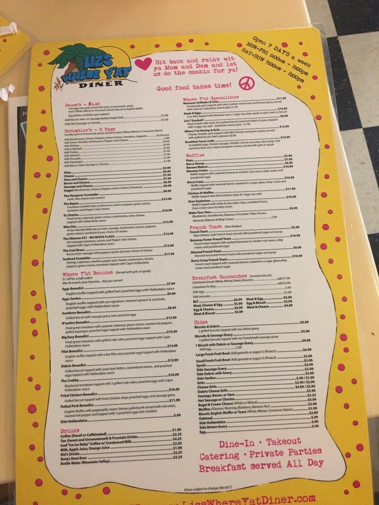Menu at Liz's Where Y'at Diner restaurant, Mandeville