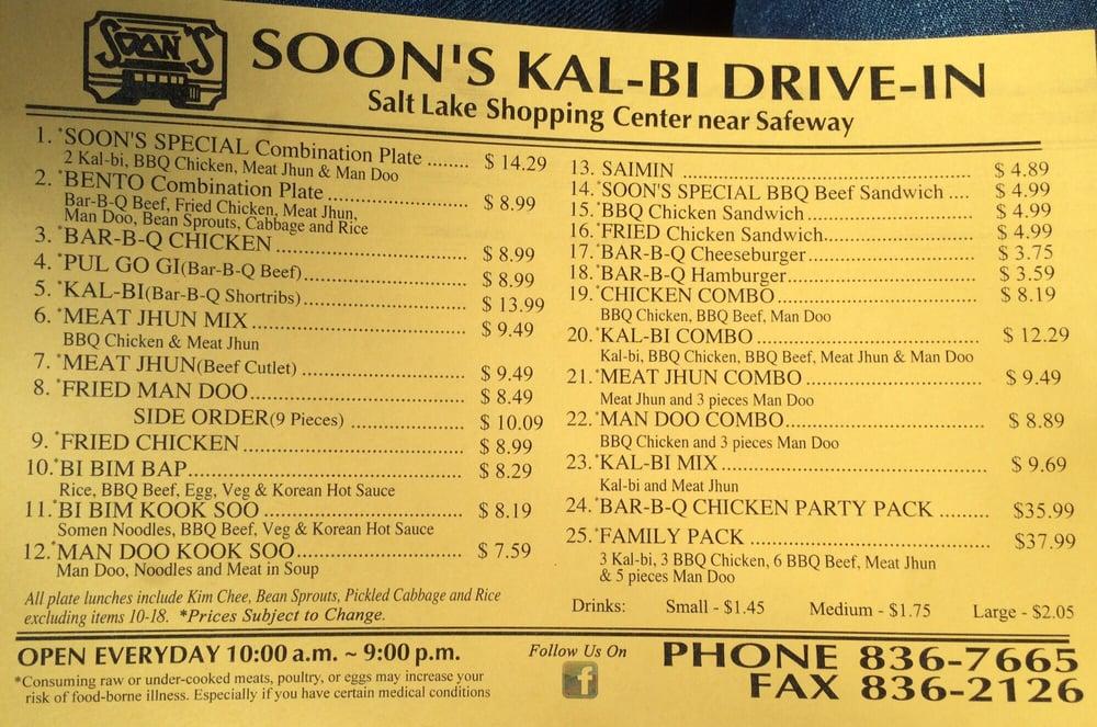 Menu at Soon's Kal Bi Drive In BBQ, Honolulu