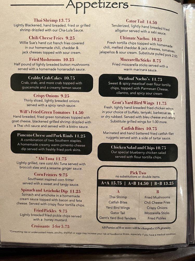 Menu at Willie Sue's. Sumter,S.C. pub & bar, Sumter