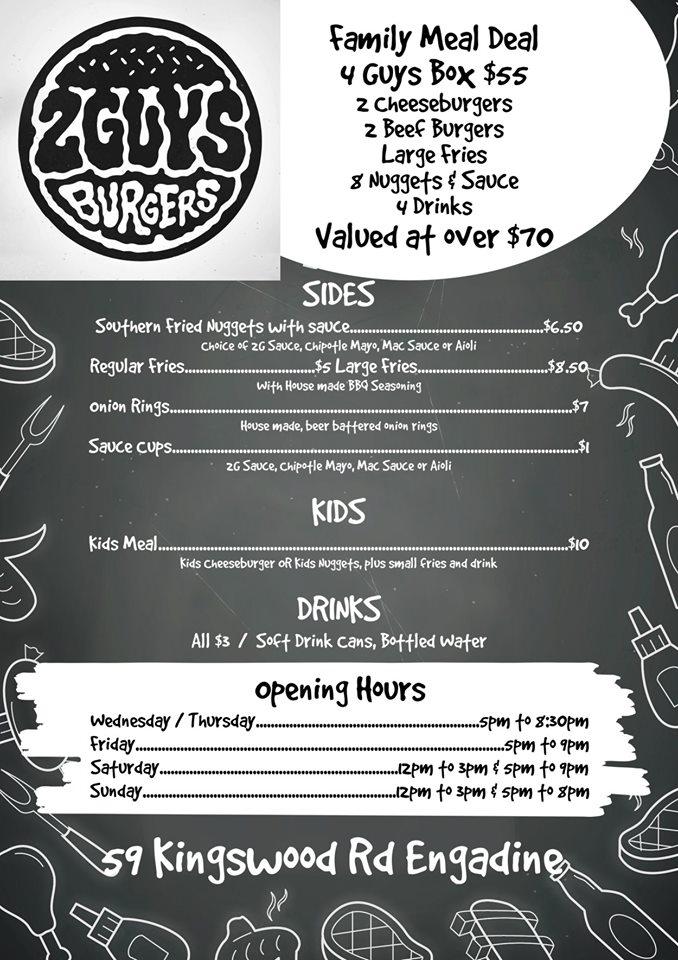 Menu at 2 Guys Burgers restaurant, Engadine