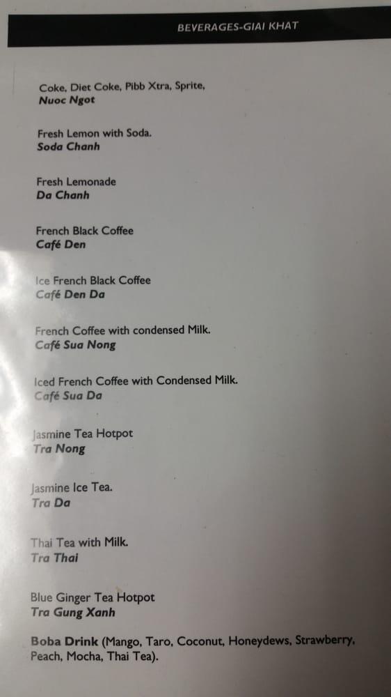 Menu at Blue Ginger Pho restaurant, Tehachapi