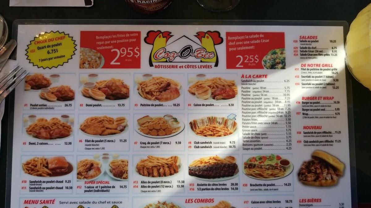 Menu au Coq-O-Bec restaurant, Longueuil