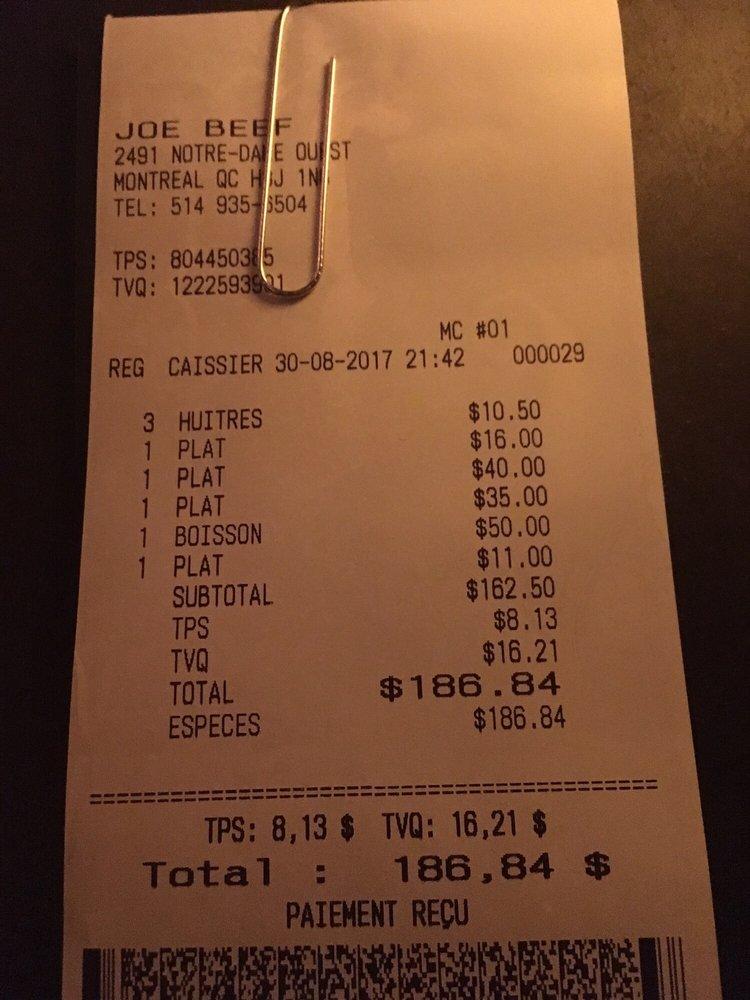 Menu at Joe Beef steakhouse, Montréal