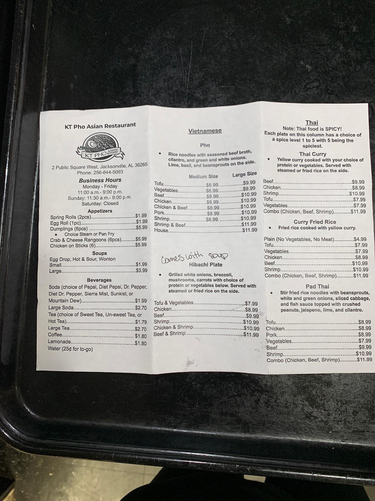 Menu at KT Pho Asian restaurant - Jacksonville, AL, Jacksonville