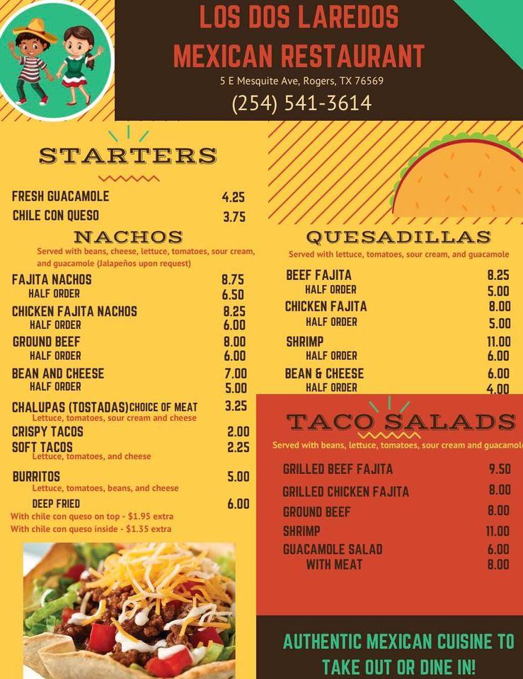 Menu at Los Dos Laredos restaurant, Rogers